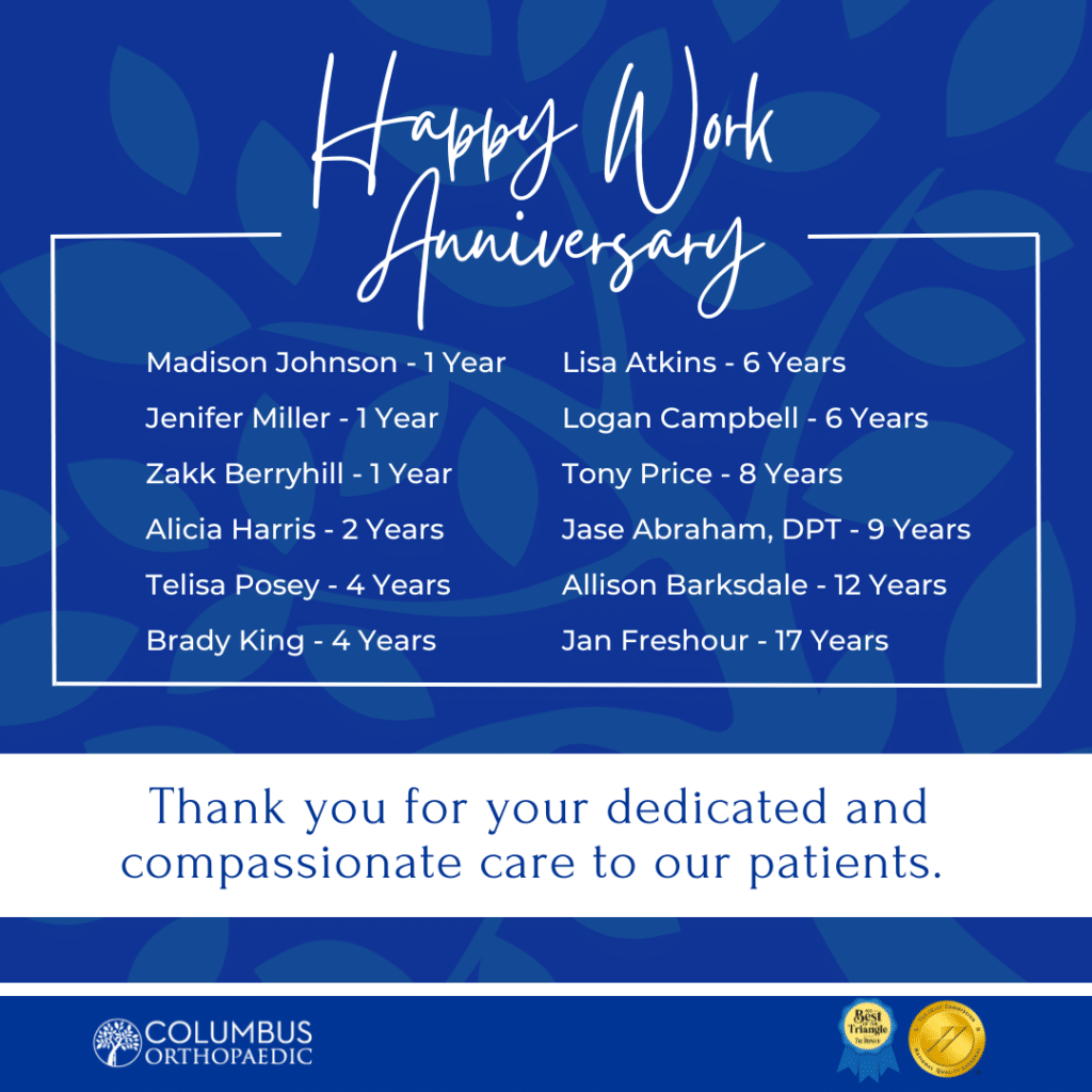 August Work Anniversaries - Columbus Ortho